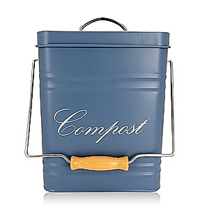 Countertop Compost Bin for Kitchen - Rustic Farmhouse Countertop Composting Container - 1.7 Gallon Carbon Steel Pail for Food Scraps - Metal Bucket with Lid, Wooden Handle & Charcoal Filter