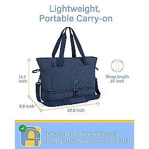 BAGSMART Weekender Overnight Bag 39L Large Travel Duffle Bag for Women, Quilted Cotton Sports Gym Bag with Shoe Compartment, Carry-on Bag with Multiple Pockets, Machine Washable(Navy Blue)
