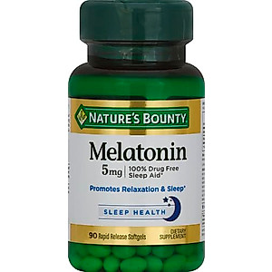 Nature's Bounty Melatonin, 100% Drug Free Sleep Aid, Dietary Supplement, Promotes Relaxation and Sleep Health, 5mg, 90 Softgels (Pack of 2)