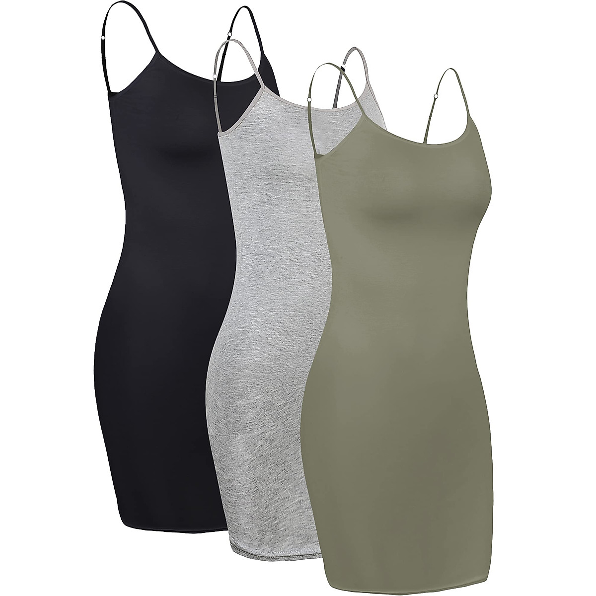 WILLBOND 3 Pieces Basic Cami Women Long Tanks Dress with Strap, Solid Color (Black, Grey, Army Green,Large)