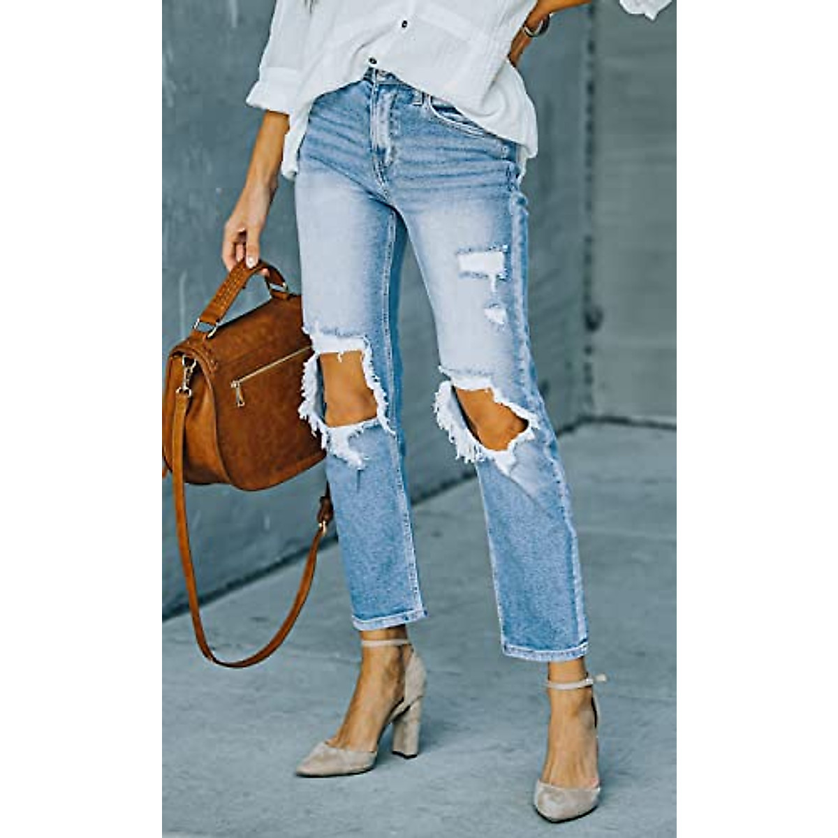 MINGALONDON Ladies Ripped Mom Jeans High Waisted Distressed Stretchy Boyfriend Denim Pants Light Blue L