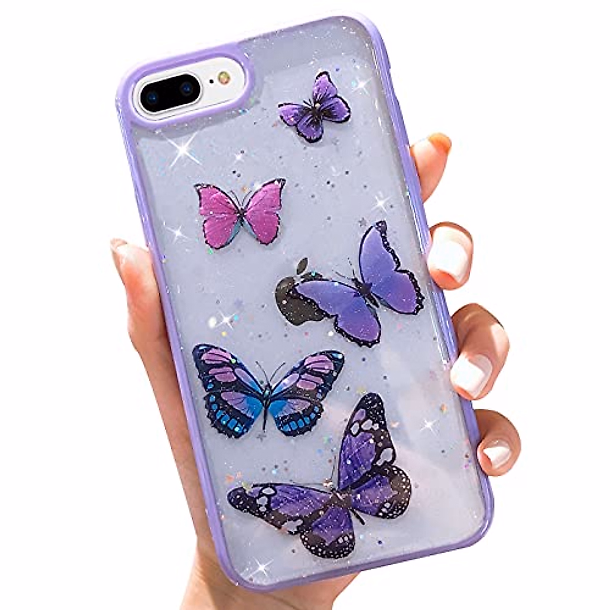 Butterfly Bling Clear Case Compatible with iPhone 8 Plus /7 Plus, wzjgzdly Glitter Case for Women Cute Slim Soft Slip Resistant Protective Phone Case Cover for iPhone 8 Plus / 7 Plus (5.5 inch)-Purple