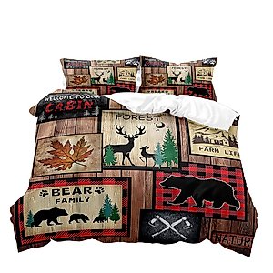 VIVIHOME 2PCS Rustic Cabin Bedding, Twin Duvet Cover, Vintage Red Plaid Forest Animal Wildlife Deer Elk Moose Black Bear Lodge Country Farmhouse Bedding, Patchwork Quilt Comforter Cover, 1 Pillowcase