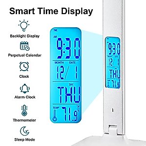 LAOPAO LED Desk Lamp with Wireless Charger, USB Charging Port, Adjustable Foldable ​Table Lamp with Clock, Alarm, Date, Temperature, 5-Level Dimmable ​Lighting​, Office Lamp with Adapter, White