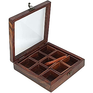 Ajuny Wooden 9 Containers Masala Dabba Spice Box with Glass Lid on Top and Spoon, 5.5x20.5 Cm