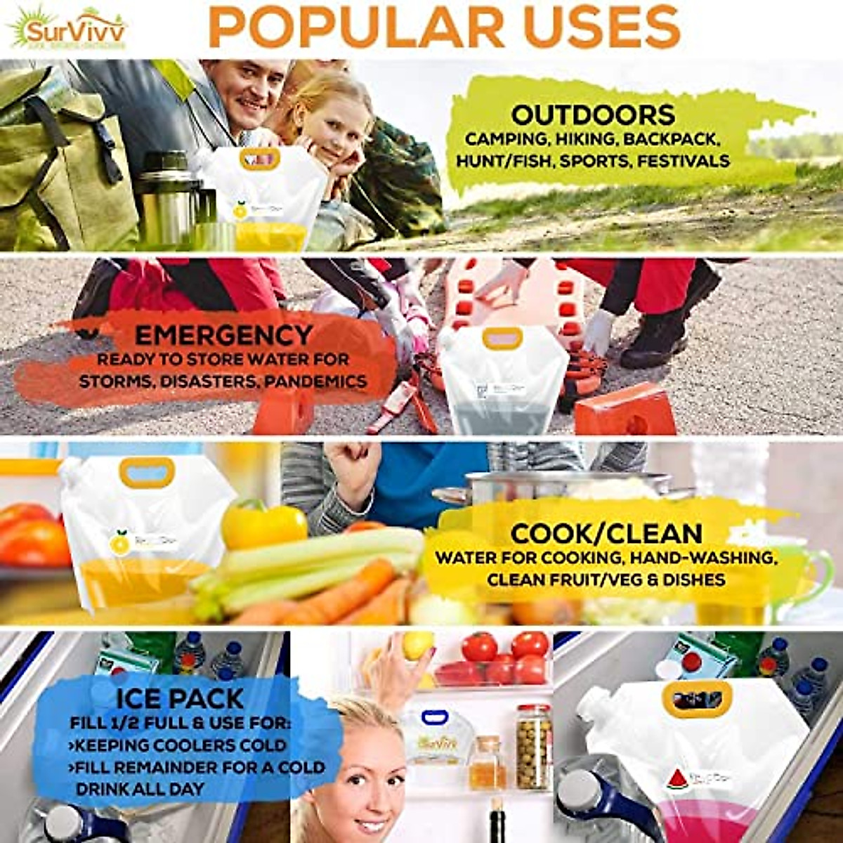 Water Storage Bag Foldable Container Handle Carrier Jugs Storing Wash Station Tank BPA Free Transparent Cube Emergency Survivals Freezer Cateen 1.3/2.6 Gallons