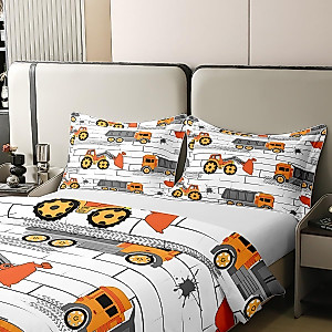 Excavators 100% Natural Cotton Duvet Cover Queen Size Tractor and Truck Comforter Cover with 2 Pillowcases Machinery Cars Construction Vehicle Bedding Set 3 Pcs Bed Cover