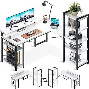 ODK L Shaped Desk with Monitor Stand, 54 Inch Home Office Desks with Storage Printer Shelves, Reversible Corner Gaming Desk with Bookshelf for Bedroom, White