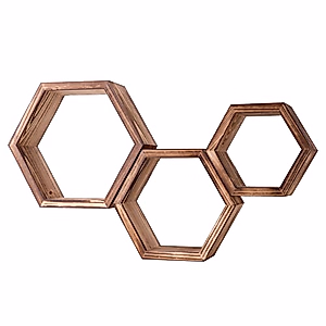 YLSMILE Hexagon Floating Shelves - Wall Mounted Set of 3 Floating Wall Shelves Wood Boho Shelves Wall Dceor Honeycomb Hexagon Wooden Shelves for Wall in Bathroom, Kitchen, Bedroom, Living Room
