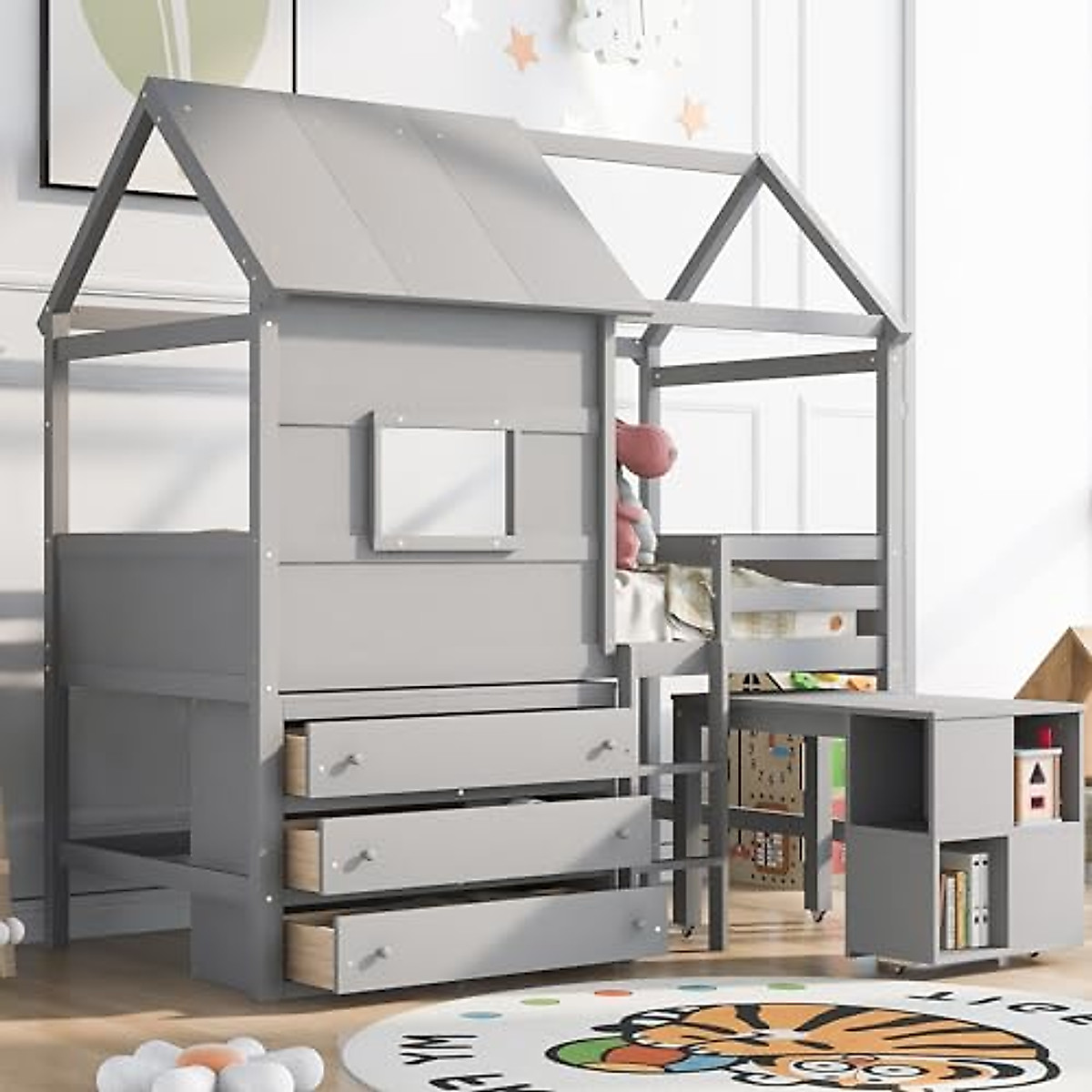Twin Size House Loft Bed with Storage Desk and 3 Drawer Chest, Wood Loft Bed with Safety Guard Rails, Multi-Functional Loft Bed for Kids Boys Girls Teens Bedroom, Maximize Space Savings (Gray 014)
