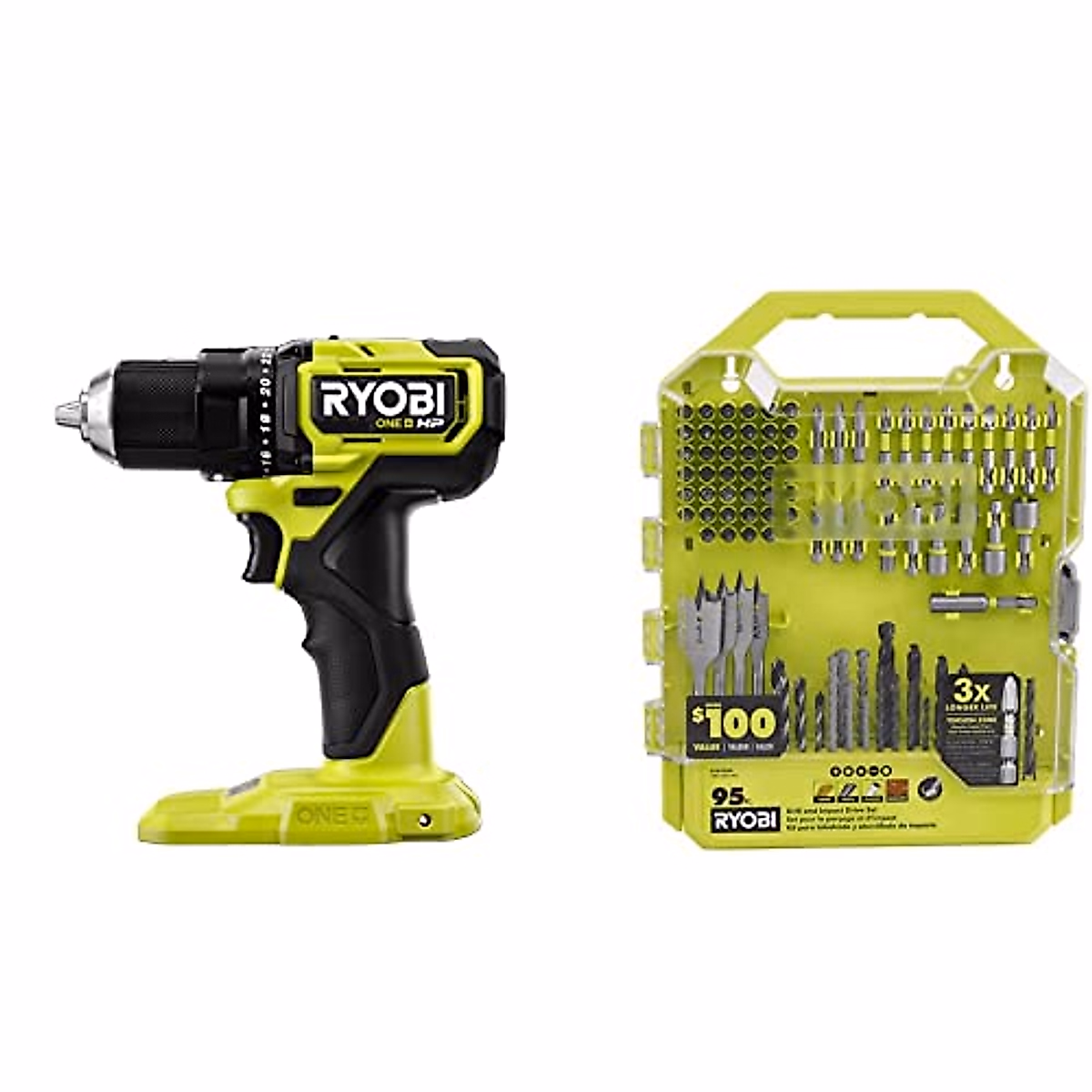 Ryobi ONE+ HP 18V Cordless Compact Brushless 12 inch Drill Driver PSBDD01 (TOOL ONLY- Battery and Charger NOT included) + A989504 95 pc Drill and Impact Drive Kit