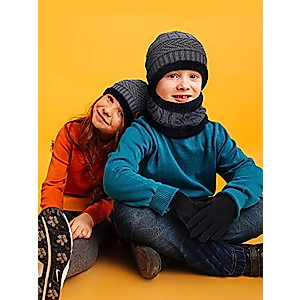 Kids Winter Hat Glove Scarf Sets Knitted Toddler Cap Beanie All Fingers Gloves Mitten Neck Warmer for Boys Girls (Black, Grey)