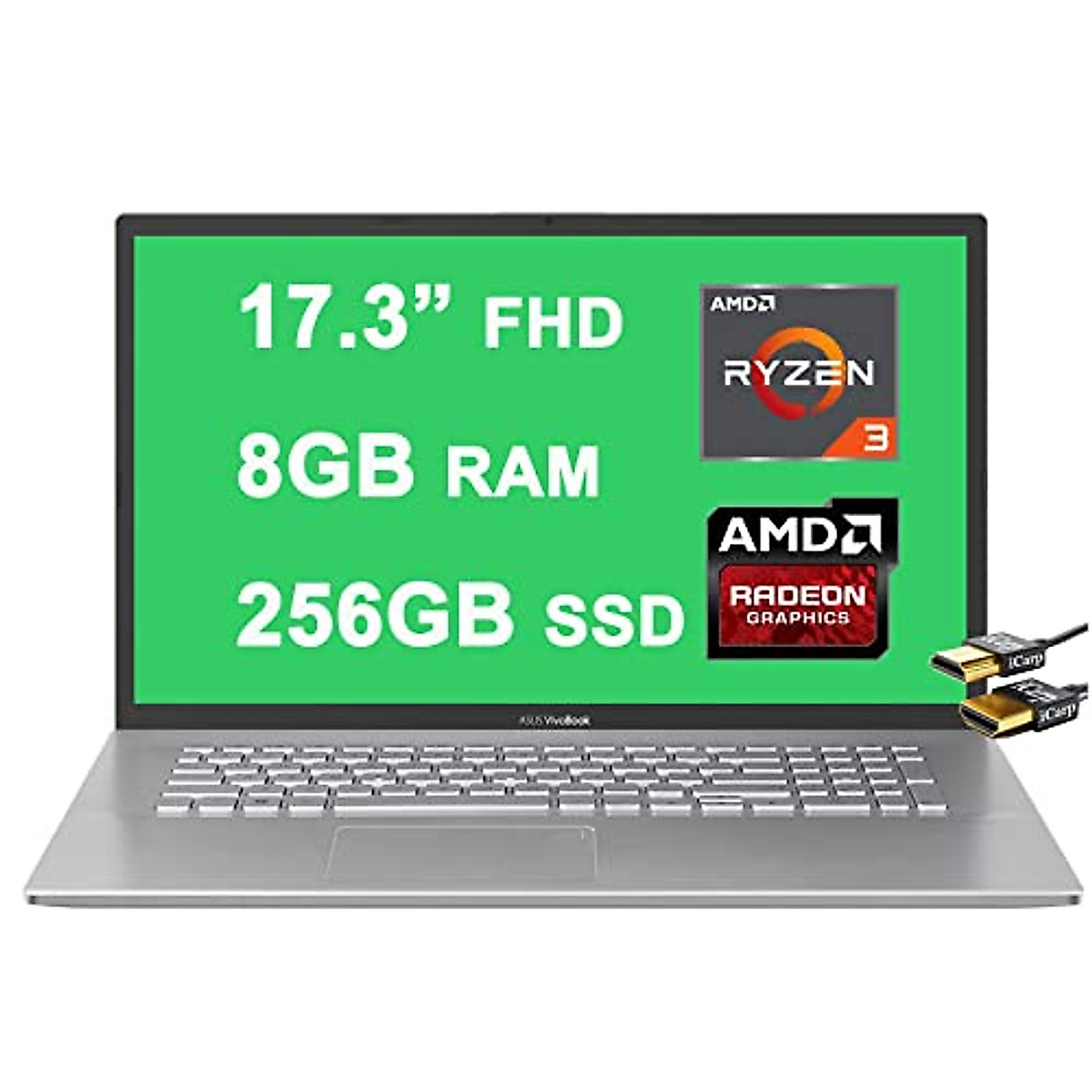 ASUS (Renewed) VivoBook 17 Business Laptop 17.3” FHD Display AMD Ryzen 3 3250U Processor 8GB RAM 256GB SSD AMD Radeon Graphics USB-C SonicMaster Bluetooth Win10 Silver + HDMI Cable