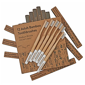 EcoSlurps 12 Bamboo Toothbrushes Multipack - One Years Supply of Bamboo Toothbrush - Bulk Biodegradable toothbrushes (12 Adult Medium, Multi-Colored)