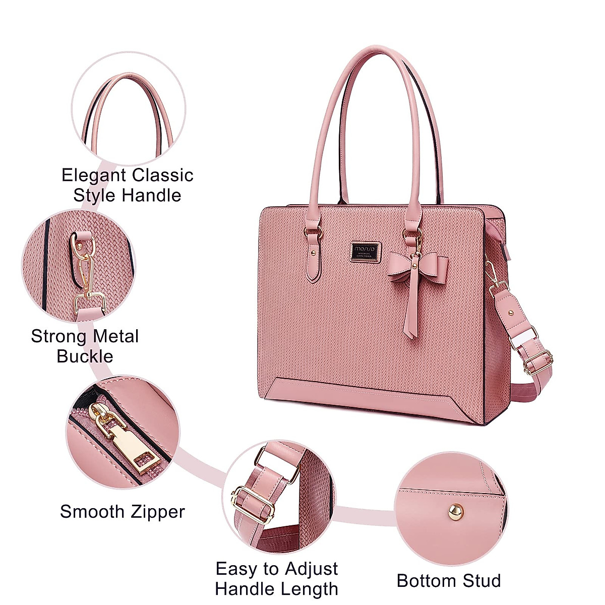 MOSISO Laptop Tote Bag for Women, 15.6 inch PU Leather Laptop Bag Compatible with MacBook, HP, Dell, Asus Notebook, Large Capacity Woven Travel Work Office Computer Briefcase & Clutch Purse, Pink