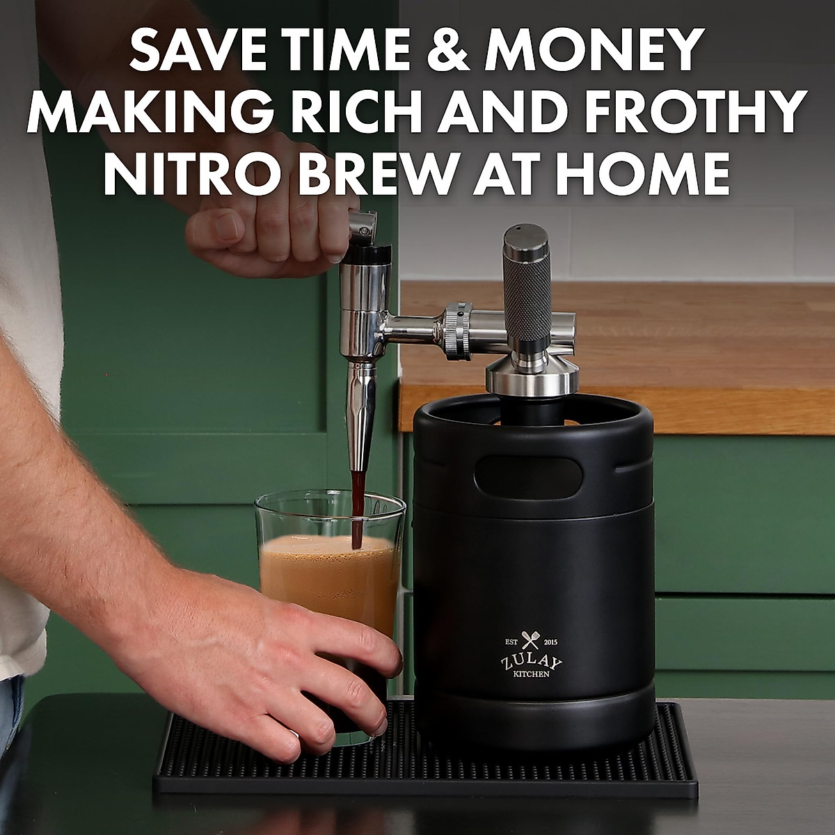 Zulay Nitro Cold Brew Coffee Maker - Gift for Coffee Lovers - Large 64 oz Home Keg - Nitro Cold Brew Keg with Creamer Faucet - Nitro Cold Brew Coffee Maker for Home - Collapsible Funnel & Drip Mat