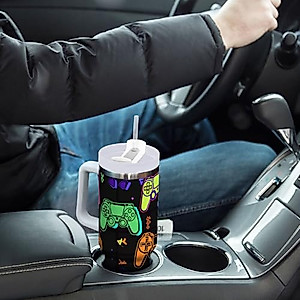 ODAWA 40oz Fall Insulated Tumbler with Straw and Handle, Game Controllers Black Spill Proof Tumbler with Straw Insulated Vacuum Tumbler
