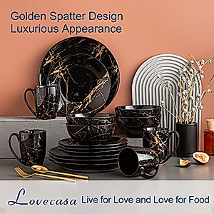 Plates and Bowls Sets for 4, Black Dinnerware Sets 16 Piece Gold Splash Glaze Round Dish Set, LOVECASA Porcelain Plate Set with Mugs Dishwasher Microwave Safe