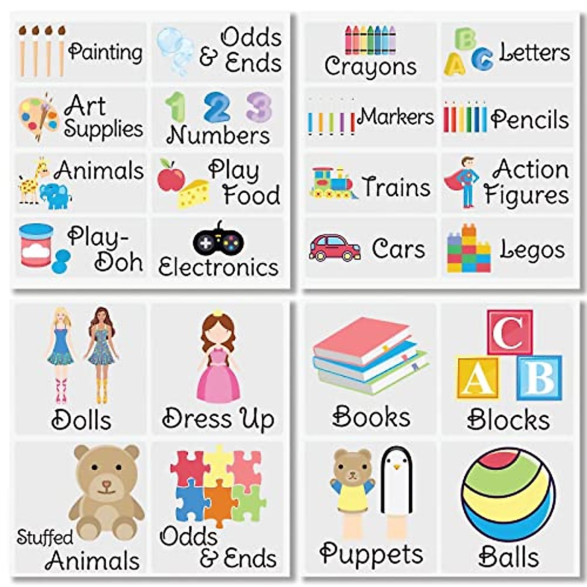 mDesign Home Organization Labels - Preprinted Label Stickers for Toy and Game Storage and Cleaning - Household Organizing for Jars, Canisters, Containers, Bins, and Boxes, 24 Count, Clear/Black/Images