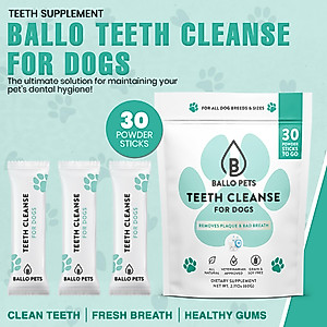 Ballo Pets Teeth Cleanse for Dogs - Dental Powder - Teeth Cleaning Made Easy - Targets Tartar & Bad Breath - Formulated for Dogs of All Ages and Sizes - 30 Powder Packets to go, white