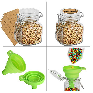 Glass Jars With Lids, KAMOTA 30 pack of 3.5 oz small glass jars for storage spice herbal condiments with leak-proof rubber gaskets and airtight hinged lids, 280 labels and 2 silicone funnels