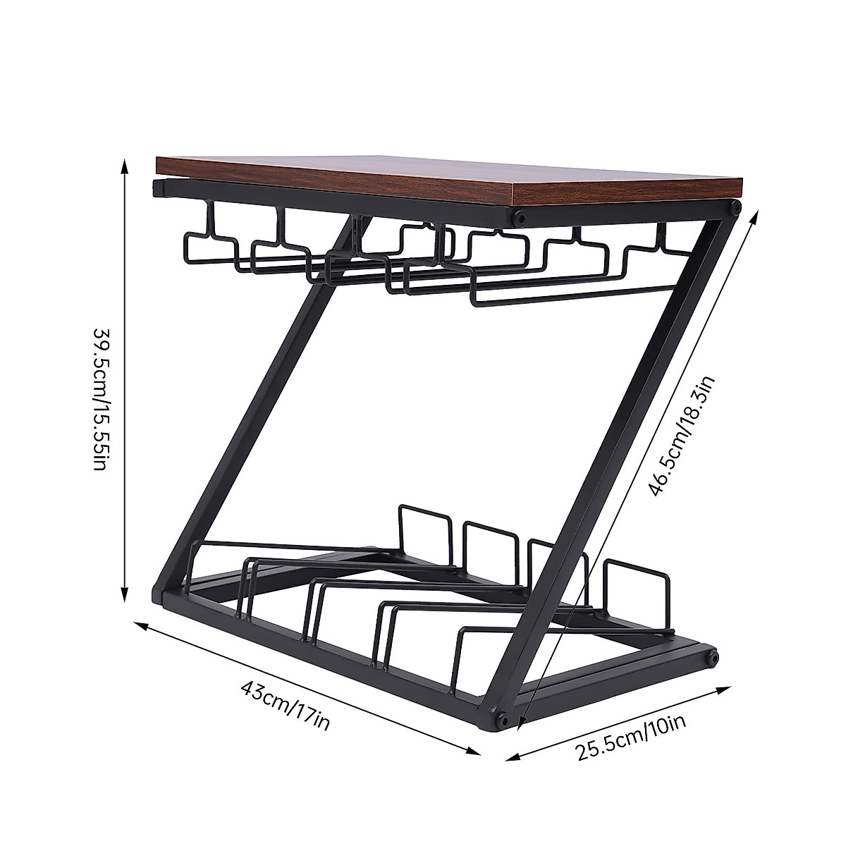CNCEST Z Shaped Tabletop Wine Rack with Glass Holder, Countertop Wine Rack Holder Wine Bottle Holder Wine Display Storage Stand with Tray for Kitchen, Office, Bar, Hold 4 Wine Bottles & 8-12 Glasses