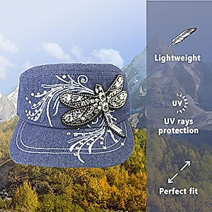 SILVERFEVER Women's Military Cadet Army Cap Hat Vintage Distressed or Rhinestone Crystals on Brim (Denim Blue -Crystal Dragonfly)