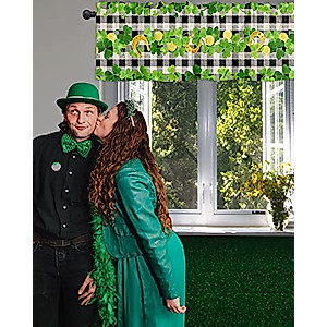 Curtain Valance for Windows St. Patrick's Day Clover Leaf Horseshoe Gold Kitchen Valances Rod Pocket Short Curtains,Black White Plaid Window Treatment Panel for Living Room Bathroom Bedroom 42x12in