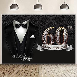 DORCEV 5x3ft Men 60th Birthday Party Backdrop Black Gold Diamonds Bow Tie White Shirt Suit Tuxedo Backdrop for Birthday Party Hello Sixty Happy 60th Birthday Dinner Party Background Banner Props