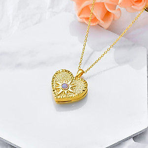 SOULMEET 10K 14K 18K Solid Gold/Plated Gold Pink Opal Starburst Locket Necklace That Holds Picture, You Light Up My Life Gold Locket Personalized Letters Engraved (Custom Photo & Text)