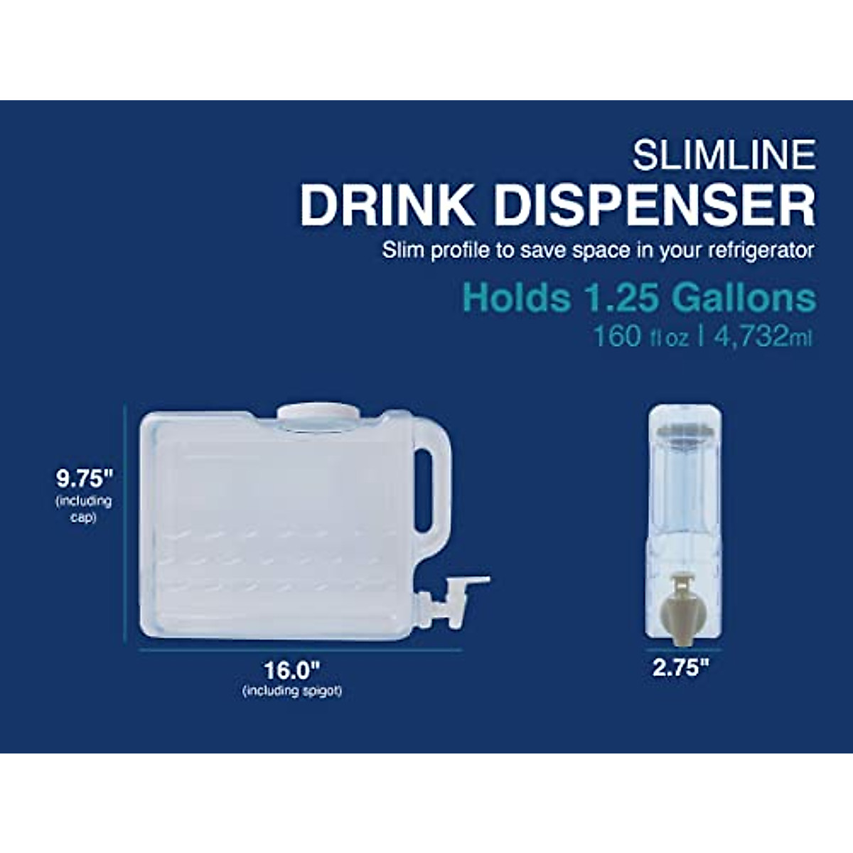 Arrow Slimline Drink Dispenser for Fridge, 1.25 Gallons - Plastic Beverage Dispenser with Spigot for Easy Dispensing - USA Made, BPA Free Plastic - Convenient Handle, Easy-Pour Spout