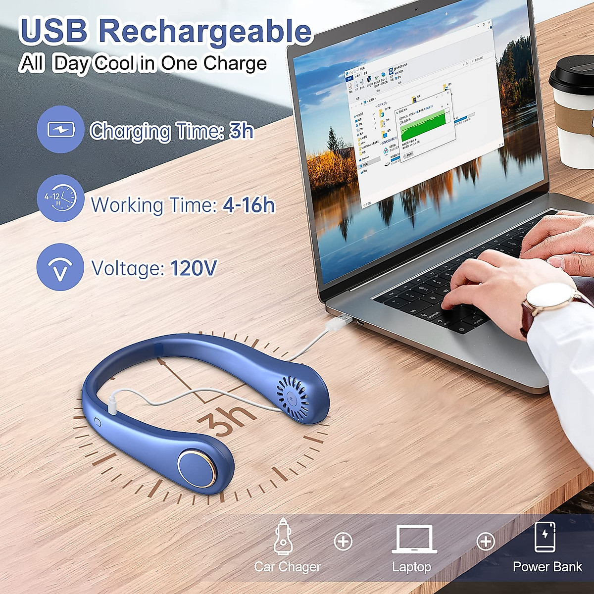 Portable Neck Fan, Bladeless Wearable Personal Fan, Max 16H Use, Rechargeable USB Fan 3 Speed, Quiet 360° Cooling Hanging Neck Fan, NO Hair Caught, Mini Hand Free Neck fan for Sport Travel Jog Camping