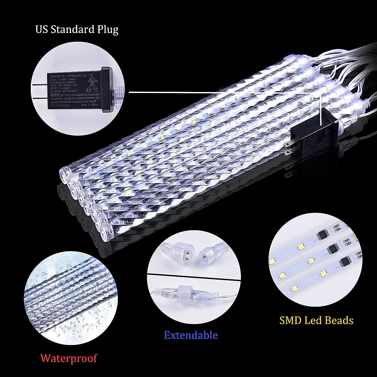 ULERSP Christmas Meteor Shower Rain Lights Extendable, 30cm 8 Tube 192 LEDs Falling Rain Drop Lights, Waterproof Icicle Lights for Outdoor Garden House Window Xmas Tree Decoration (Warm White)
