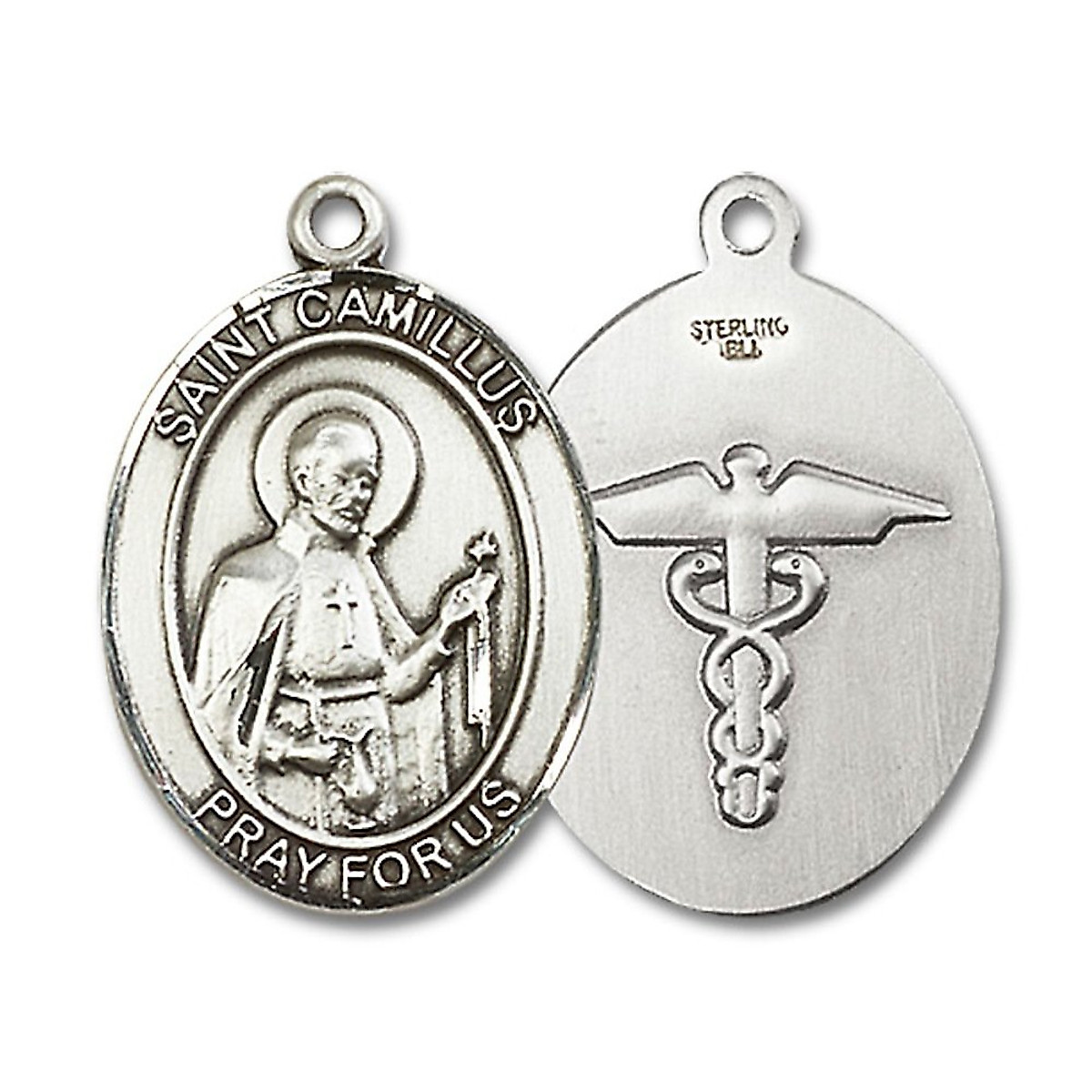 Bonyak Jewelry Saint Medal Collection Sterling Silver St. Camillus of Lellis Pendant 1 x 3/4 inches with Heavy Curb Chain