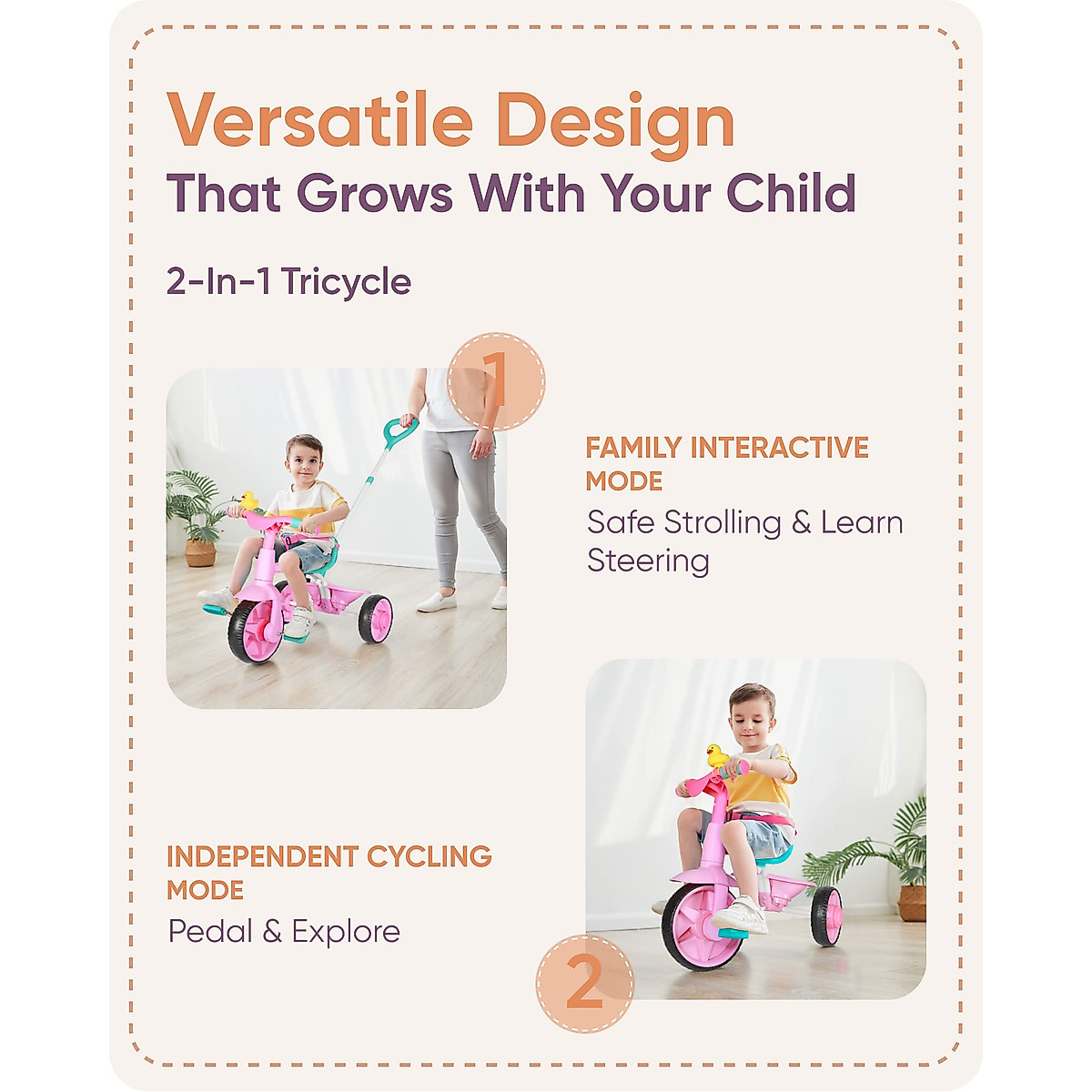 KRIDDO 2 in 1 Kids Tricycles Age 18 Month to 3 Years, EVA Wheels Upgraded, Gift, Trikes for Toddlers 2 to 3 Year Old with Push Handle and Duck Bell, Pink