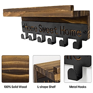 Iswabard Mail Holder with Key Hooks Key Holder for Wall Key Holder with Wooden Shelf, 6 Hooks, Key and Mail Holder Wall Mount Keys Holder on Wall Key Hanger Wall Mount (Brown)