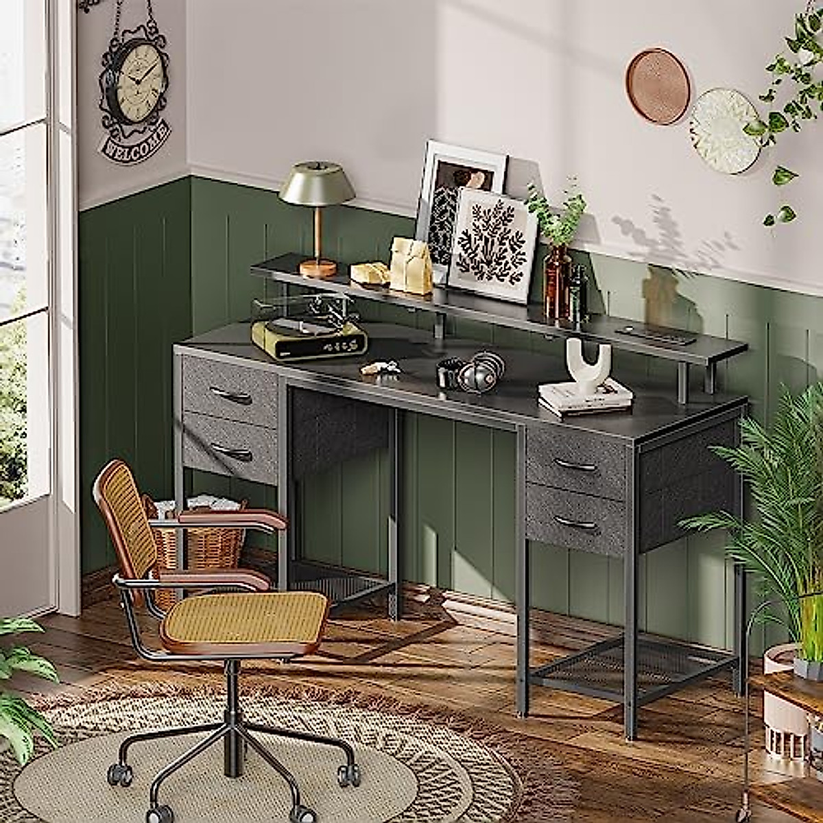 Huuger 55 inch Computer Desk with 4 Drawers, Gaming Desk with LED Lights & Power Outlets, Home Office Desk with Large Storage Space for Bedroom, Work from Home, Black