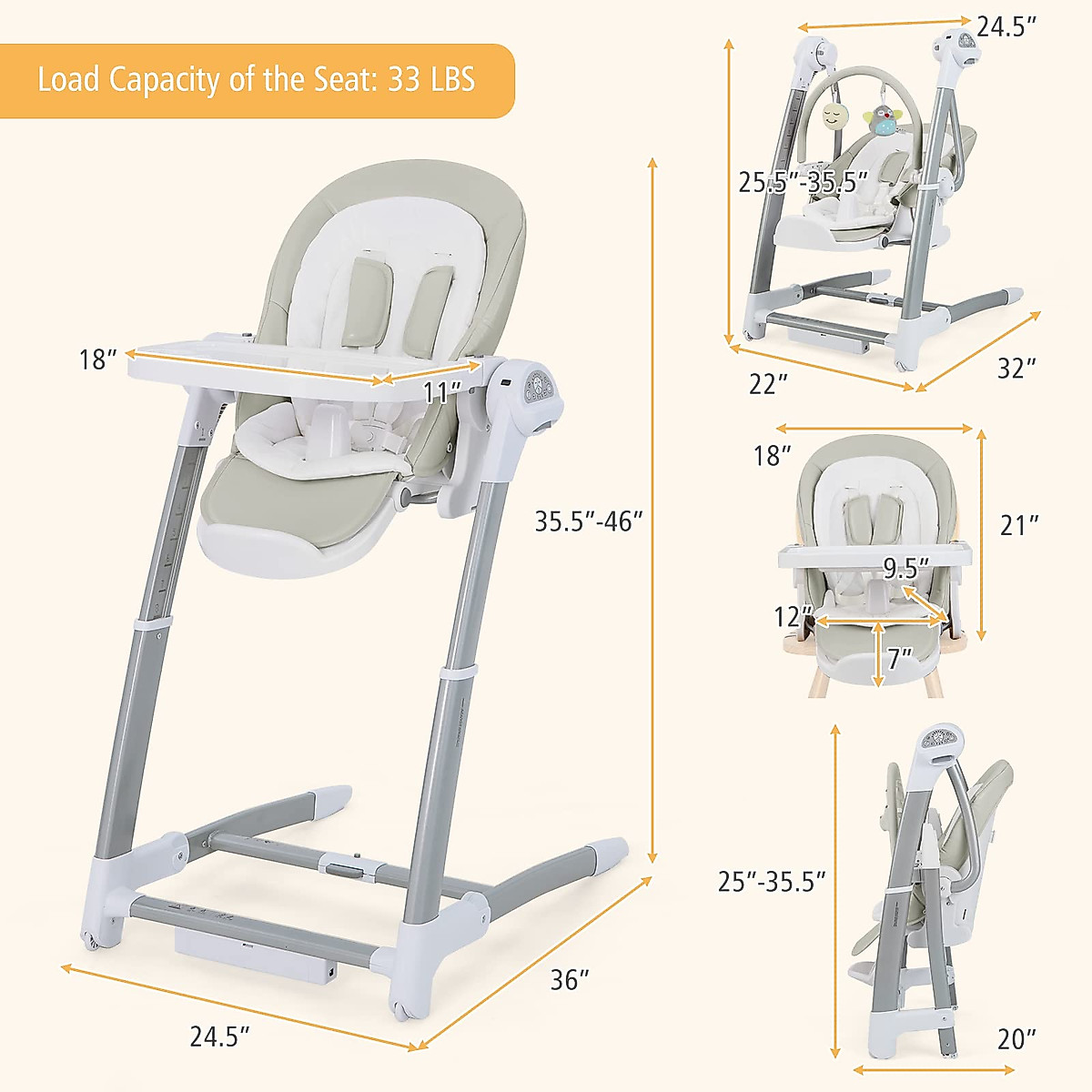 BABY JOY Baby Swings for Infants, 3 in 1 Foldable High Chair w/ 8 Adjustable Height, 5-Position Backrest, 3 Timer Settings, 12 Melodies and 5 Natural Sounds, Booster Seat for Dining Table (Gray)