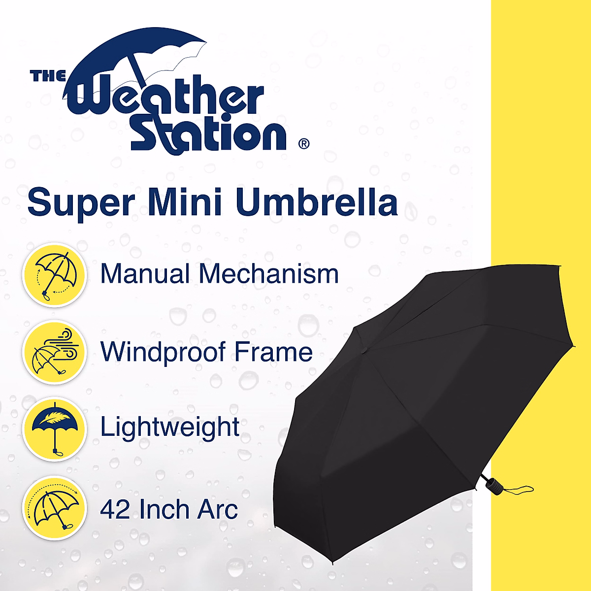 Weather Station Mini Manual Rain Umbrella, Windproof, Lightweight and Packable for Travel, Full 42 Inch Arc, Black