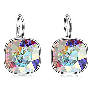 AOBOCO Sterling Silver Leverback Earrings Embellished with Crystals from Austria, Hypoallergenic Cushion Cut Square Crystal Earrings, Fine Anniversary Birthday Jewelry Gifts for Women (Aurore Boreale)