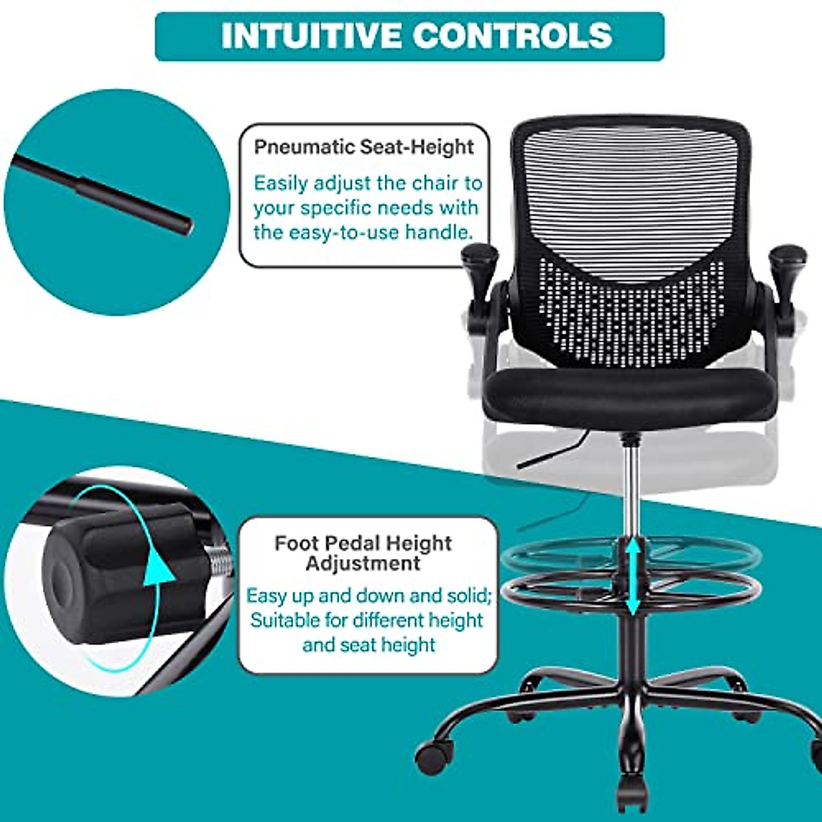 Tall Office Chair, Drafting Chair, Standing Desk Chair, High Adjustable Office Mesh Chair, Ergonomic Counter Height Computer Rolling Chair with Flip-up Armrests and Foot-Ring for Bar Height Desk