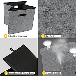 Babion 15 Inches Storage Ottoman Cube, Footrest Stool with Metal Hole Handles& Lid, Folding Storage Ottoman, Box Chest with Foam Padded Seat, Cube Ottoman with Storage, Linen Square(Dark Grey,2pcs)