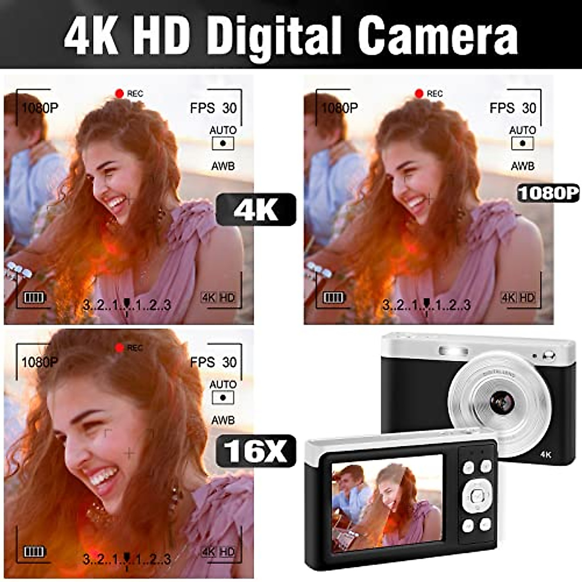 Suvony Digital Camera,4K Digital Camera for Photography & Vlogging,50MP Rechargeable Mini Camera with 32GB SD Card and 2 Batteries,16X Digital Zoom and Autofocus Compact Camera for Teens, Kids,Elder