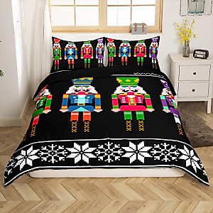 Erosebridal Nutcracker Duvet Cover Full Size, Retro Xmas Bedding Set for Kids Boys, Colorful Scandinavian Christmas Snowflakes Comforter Cover, Black White Bedroom Decor Winter Quilt Cover