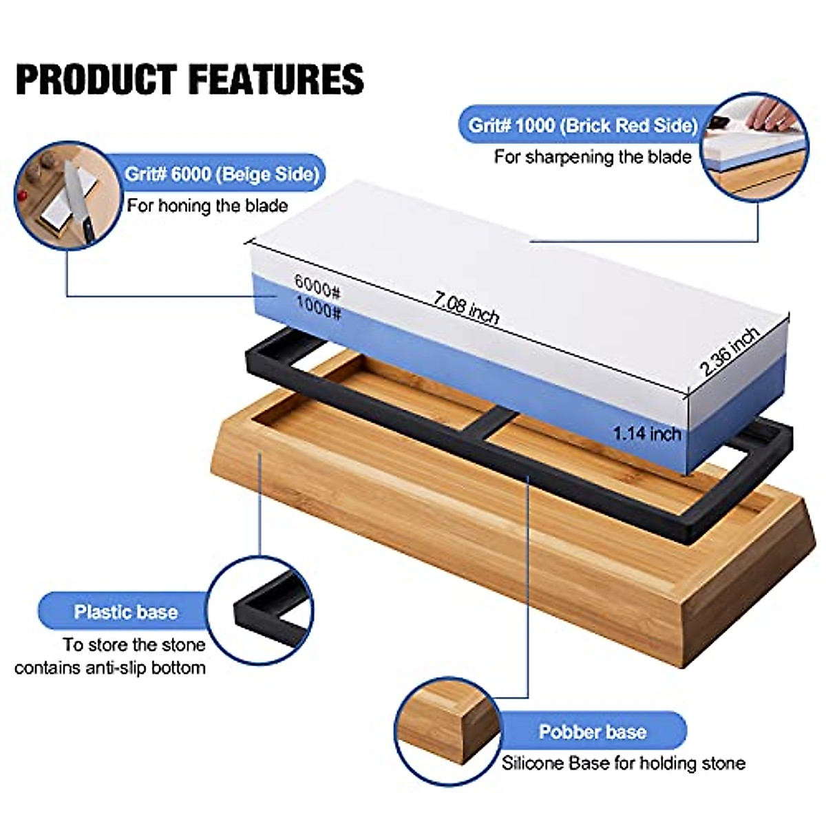 MIDO PROFESSIONAL ABRASIVE Whetstone Knife Sharpener 2 Side Grit 1000/6000 Knife Sharpening Stone, Knife Sharpener Stone with Non-slip Bamboo Base, Wet Stone Sharpening Kit for Kitchen Hunting