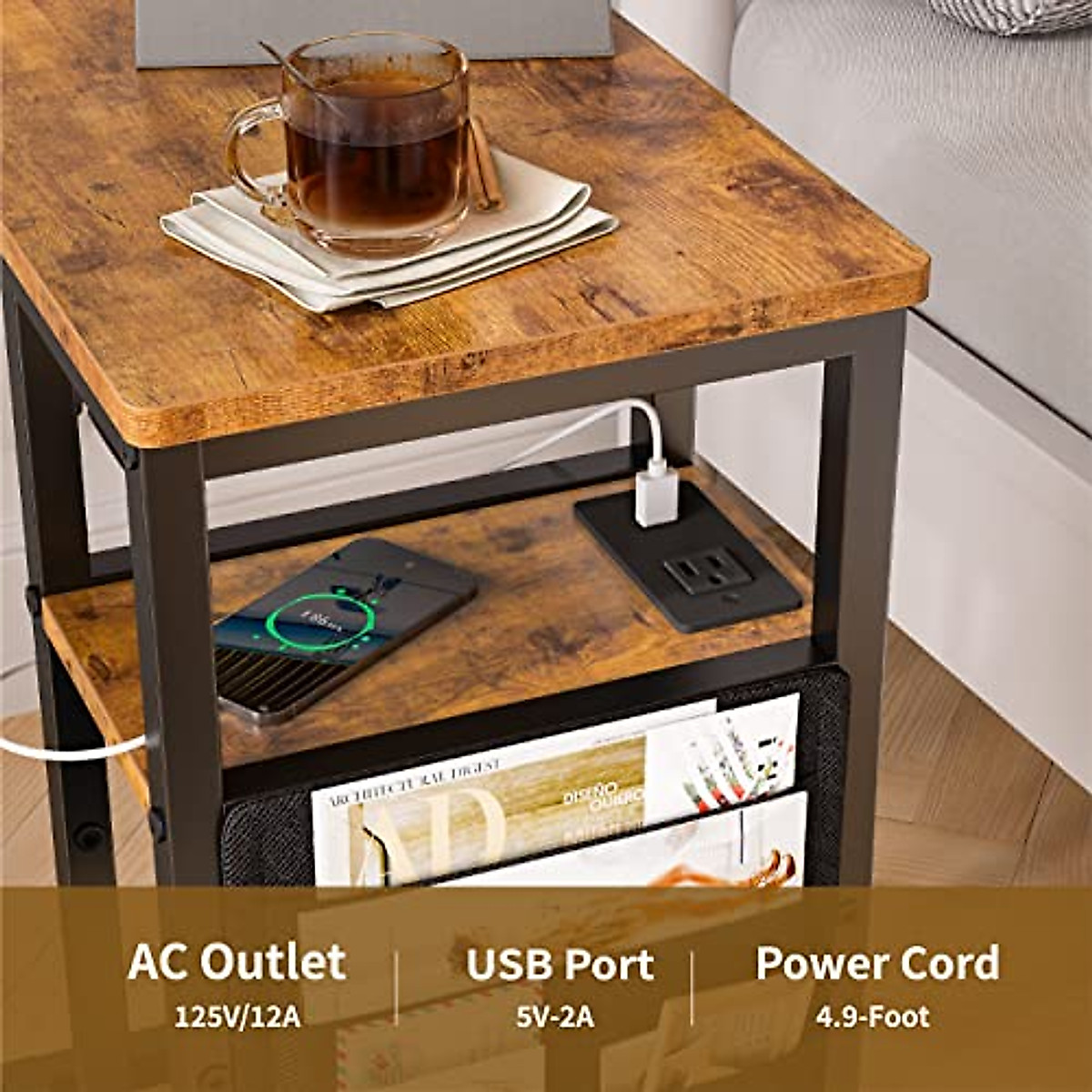 SUPERJARE C Shaped End Table with Charging Station, Side Table with Storage Bag, Couch Table, C Table with USB Port and Outlet, for Living Room, Bed Room, Set of 2, Rustic Brown