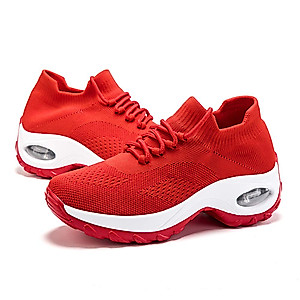 LEADER SHOW Women's Casual Walking Shoes Comfortable Non-Slip Wedge Sports Shoes Fashion Platform Sneakers (9, Red)
