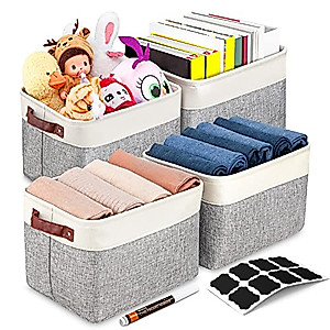 Artsdi 4 Pack Storage Bins | Fabric Storage Basket for Shelves for Organizing Closet Shelf Nursery Toy | Decorative Large Linen Closet Organizers with Handles Cubes (White and Gray, Large)
