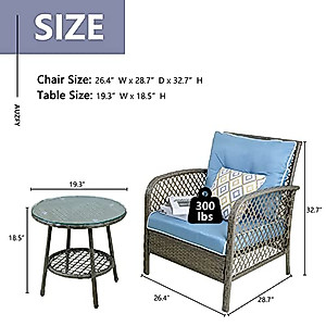 Auzfy 3 Pieces Outdoor Patio Chair Set Small Patio Conversation Sets Wicker Patio Bistro Set with Side Table & 2 Pillows for Sunroom, Garden, Balcony, Blue Cushion