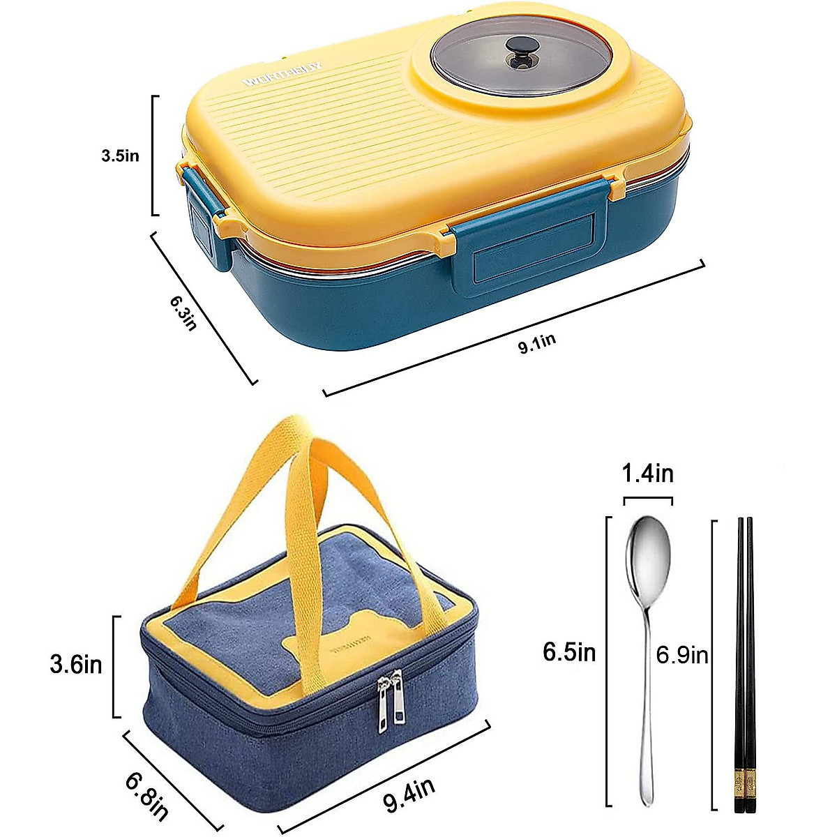 LANSKYWARE Stainless Steel Bento Box with Insulated Lunch Bag, 900 ml Lunch Box & 200 ml Soup Bowl, Blue & Yellow